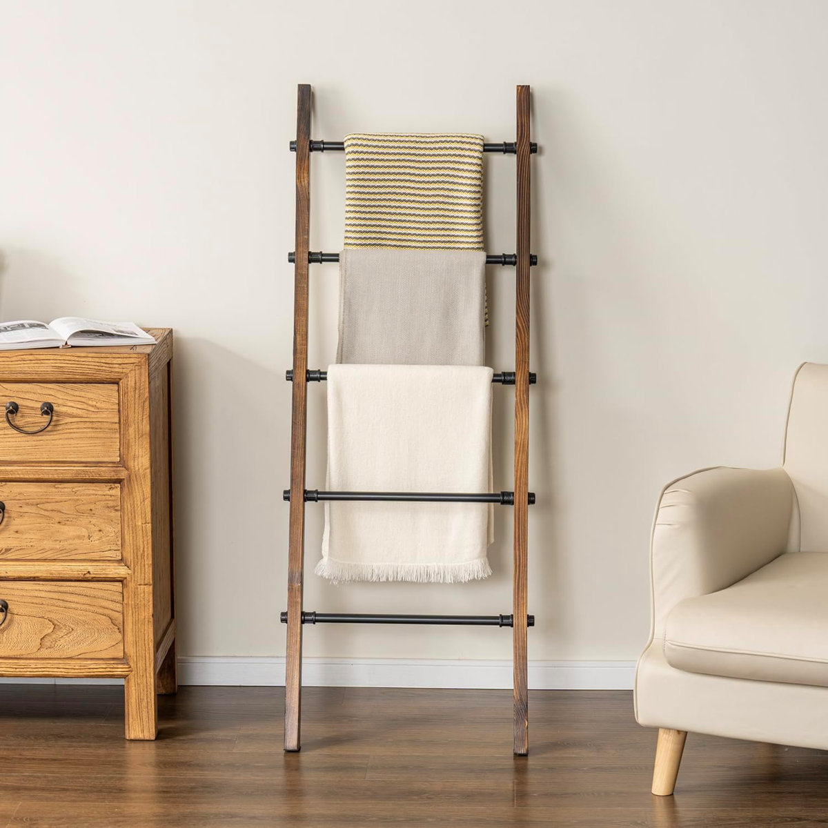 Williston Forge Rustic Burnt Wood Throw Quilt Blanket Ladder Farmhouse Style With 5 Black Metal ...